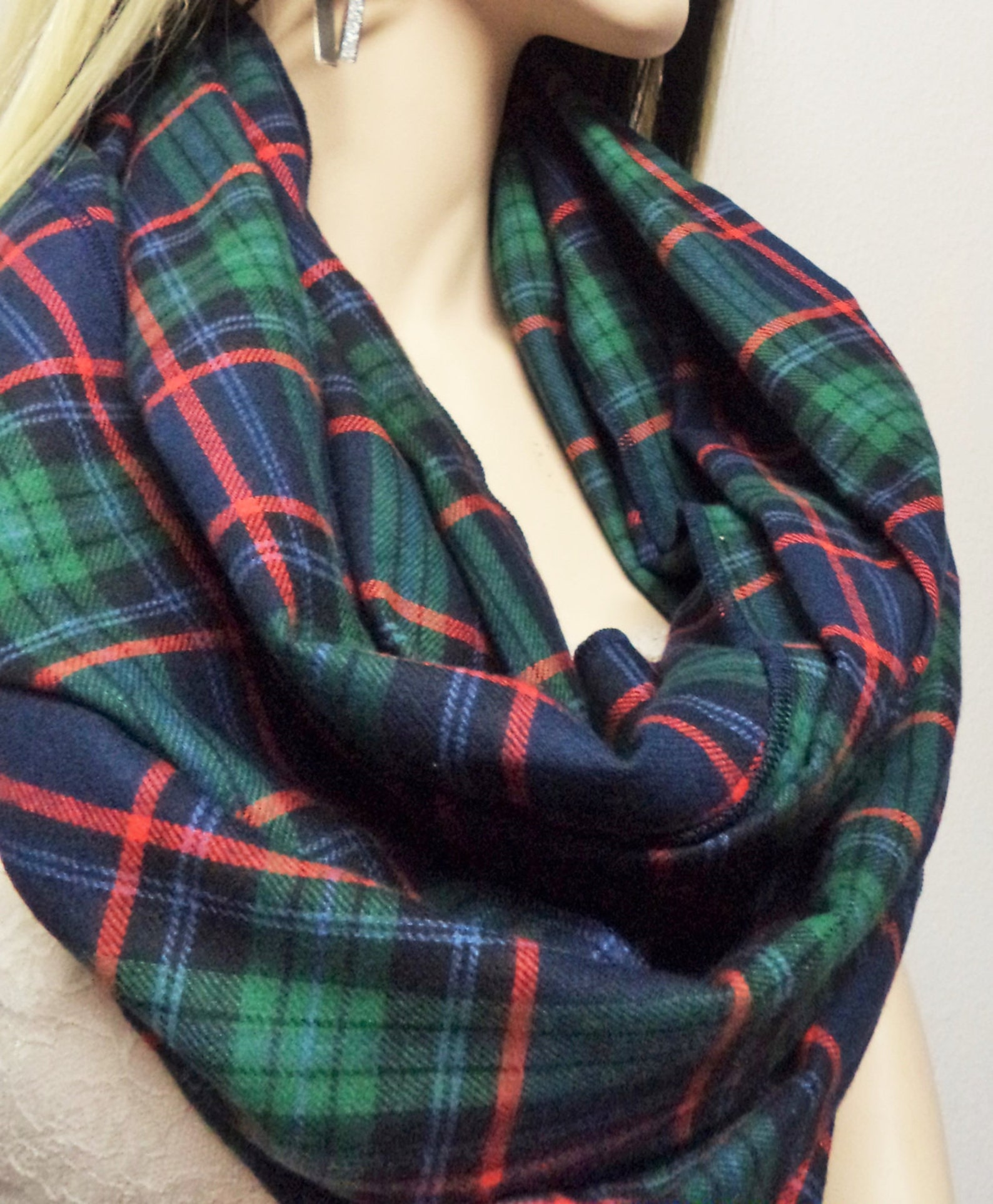 Plaid Cotton Flannel Infinity Scarf Navy Red Green Soft , Comfy Long ...