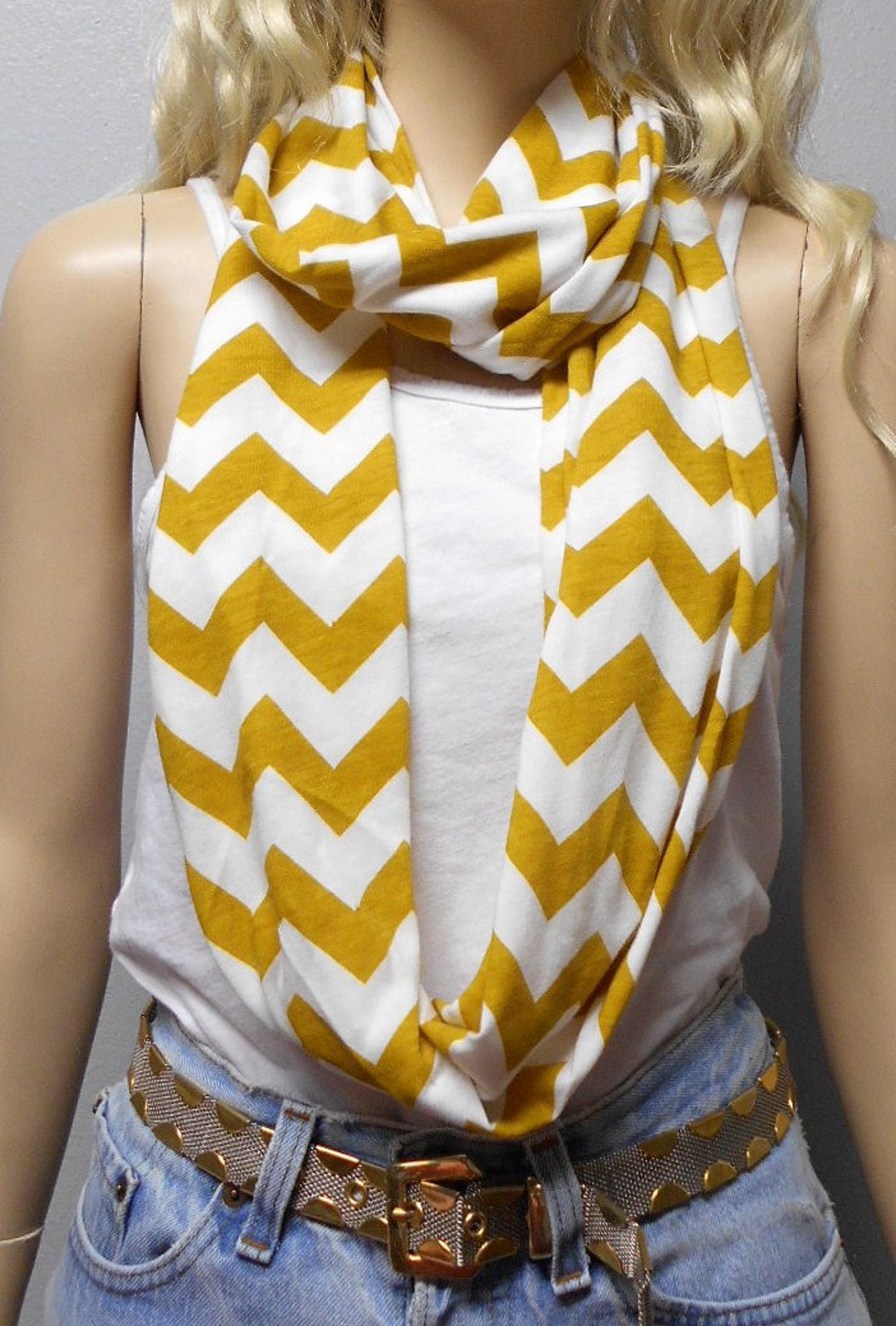 Mustard Yellow & White Chevron Print Infinity Scarf Jersey - Etsy