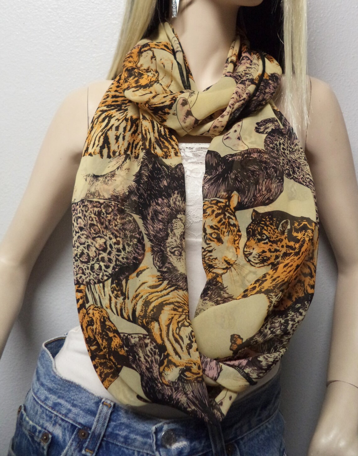 MEOW Big Cats Print Infinty Scarf Light Weight Chiffon , Tigers Lions ...