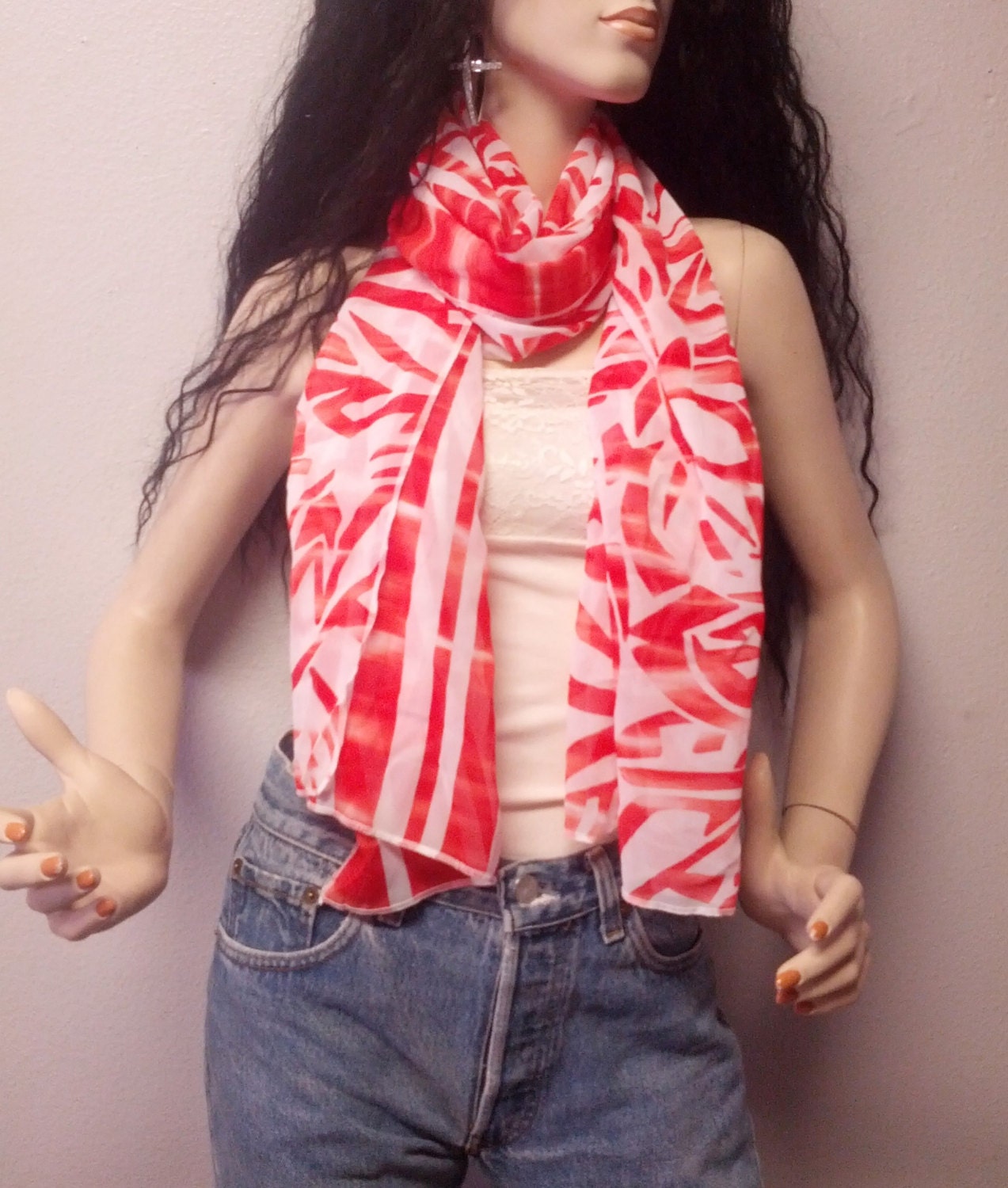 Fabulous Long Neck Scarf Coral Red and White Tribal Print - Etsy