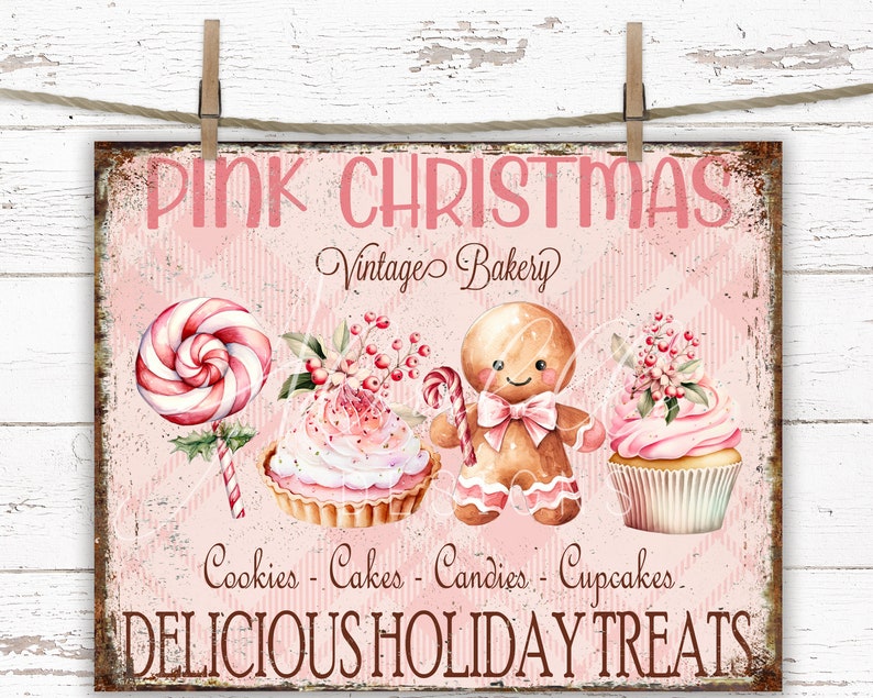 Pink Christmas Bakery Sign: Vintage Holiday Treats Print (digital ...