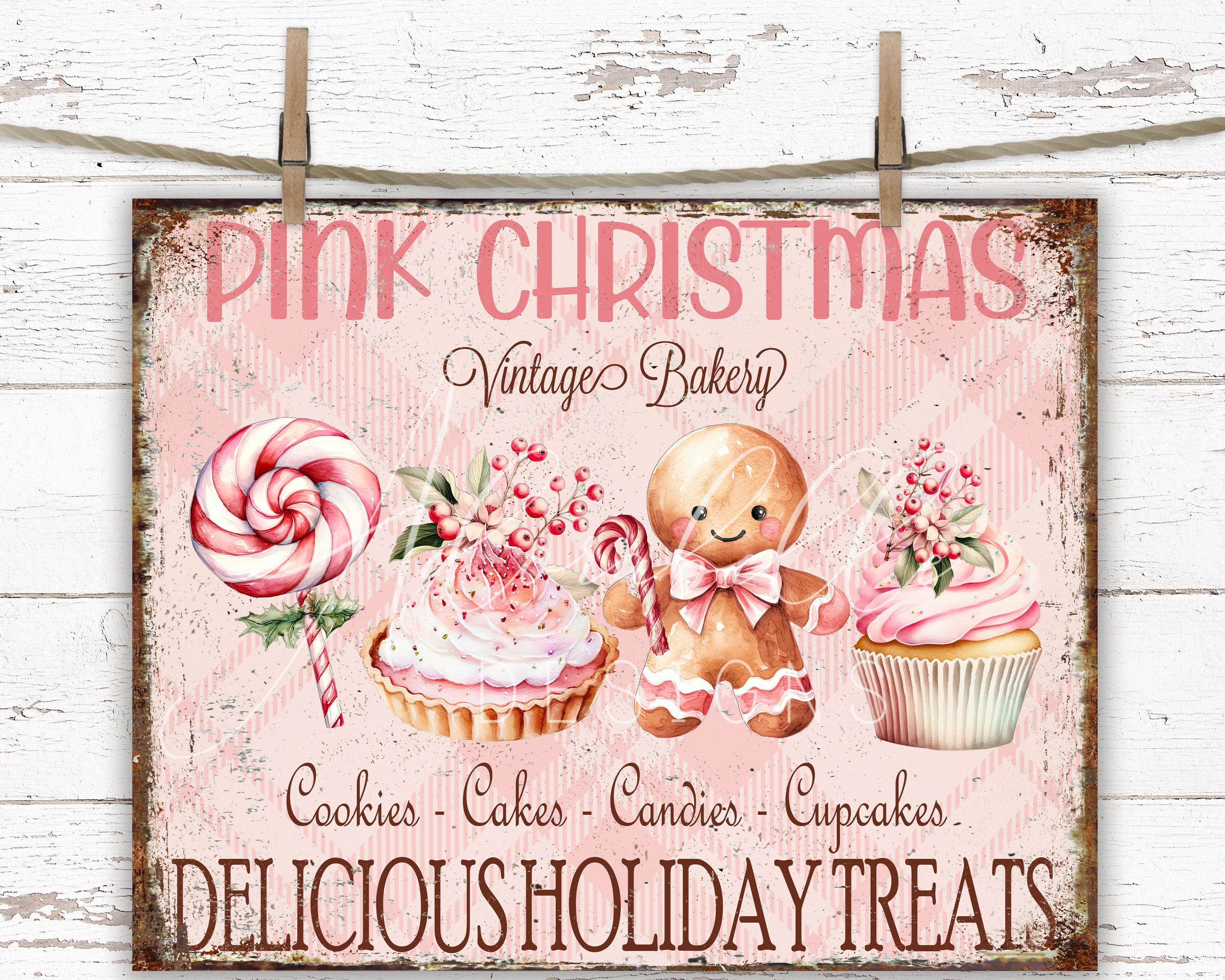 Pink Christmas Bakery Sign: Vintage Holiday Treats Print (digital ...