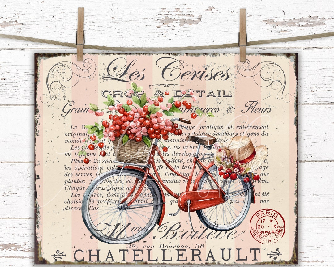 Shabby Chic Bicycle Cherry Cherries French Digital Print Transfer DIY ...
