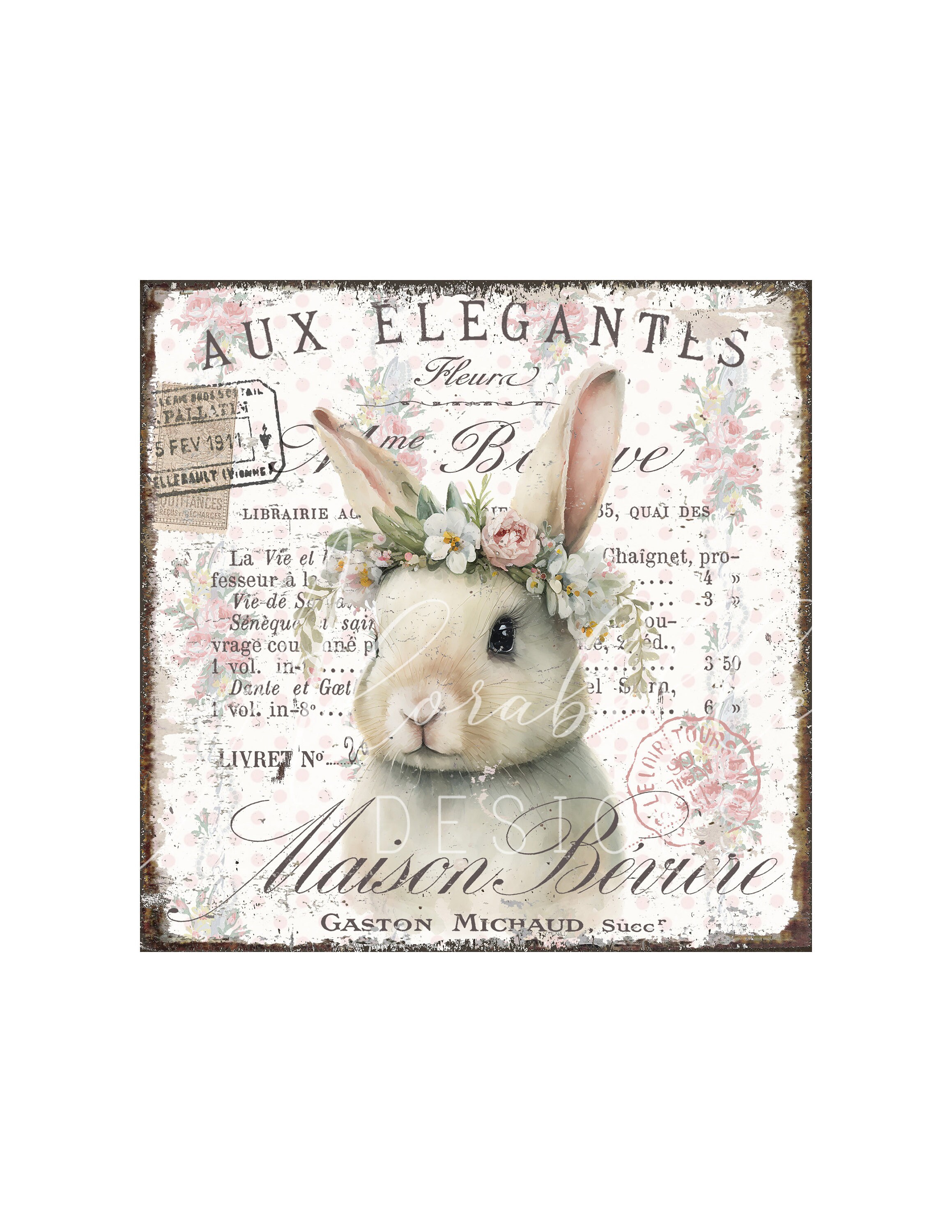 French Country Bunny Prints: Shabby Chic Easter Decor 6x6" (digital ...