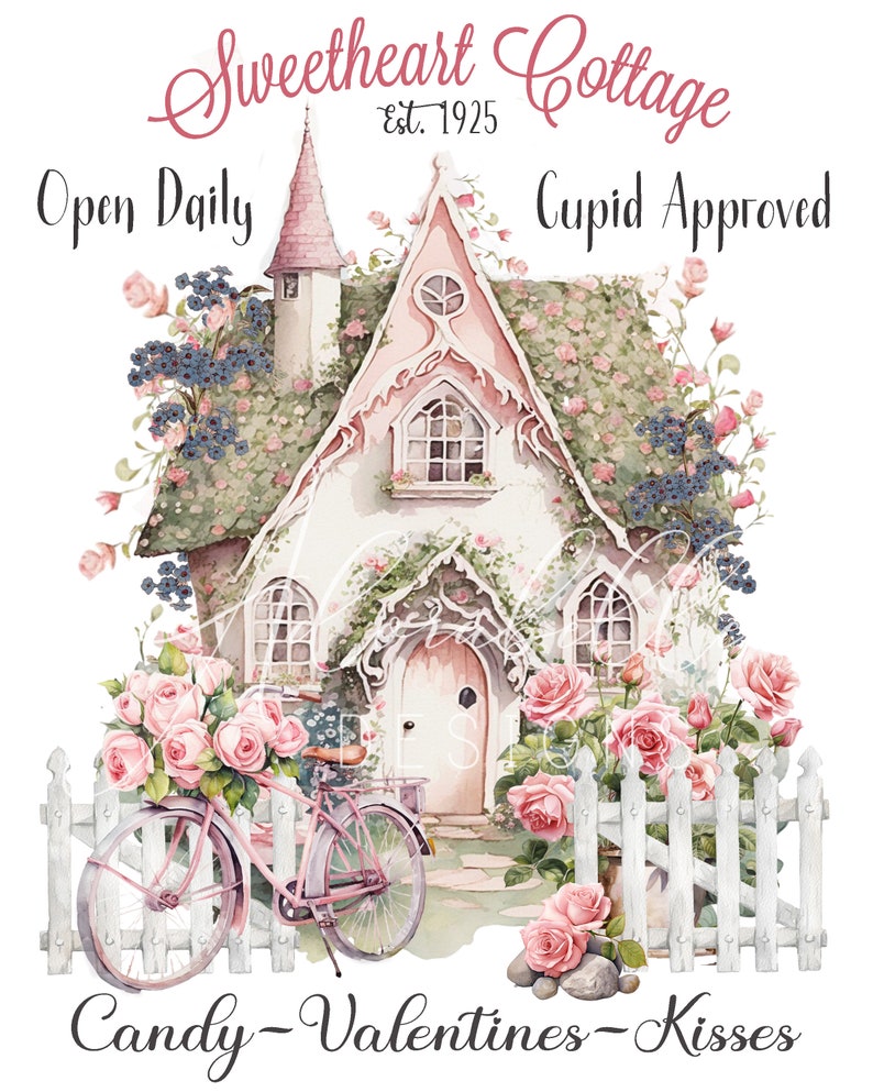 Shabby Chic Valentine's Cottage Sign: Pink Roses, Bicycle (digital ...