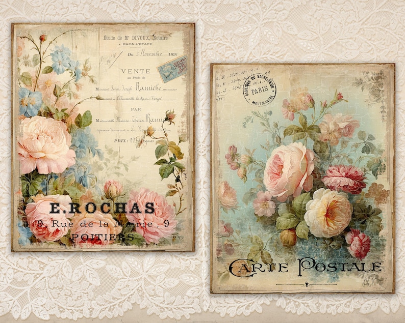 Shabby Chic Pink Roses Digital Paper Pack: French Farmhouse (digital ...
