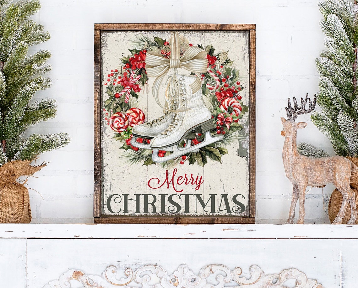 Merry Christmas Ice Skates Wreath: Farmhouse Holiday Sign (digital ...