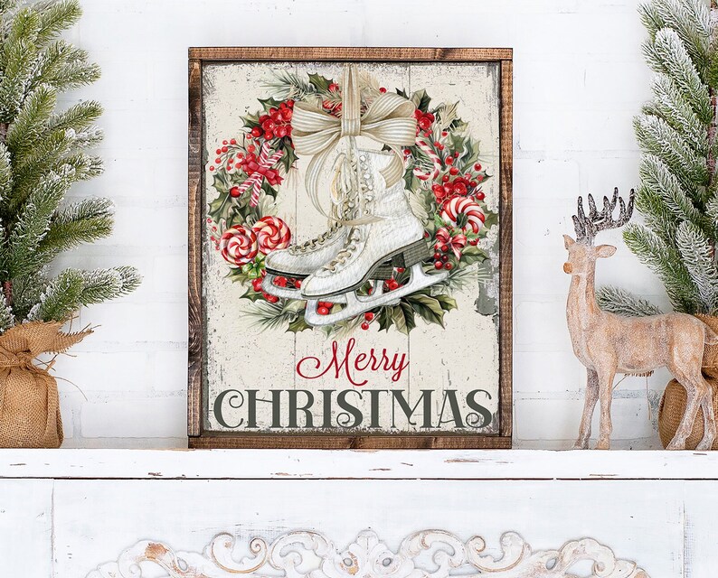 Merry Christmas Ice Skates Wreath: Farmhouse Holiday Sign (digital ...