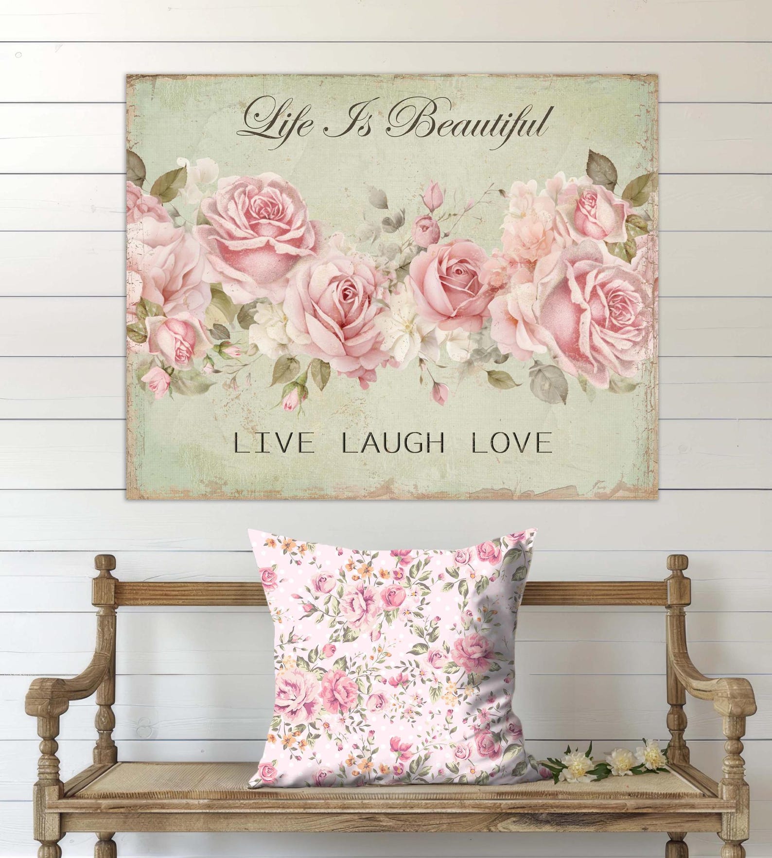 Shabby Chic Pink Roses DIY Digital Wall Art Print Transfer Cottage Core ...