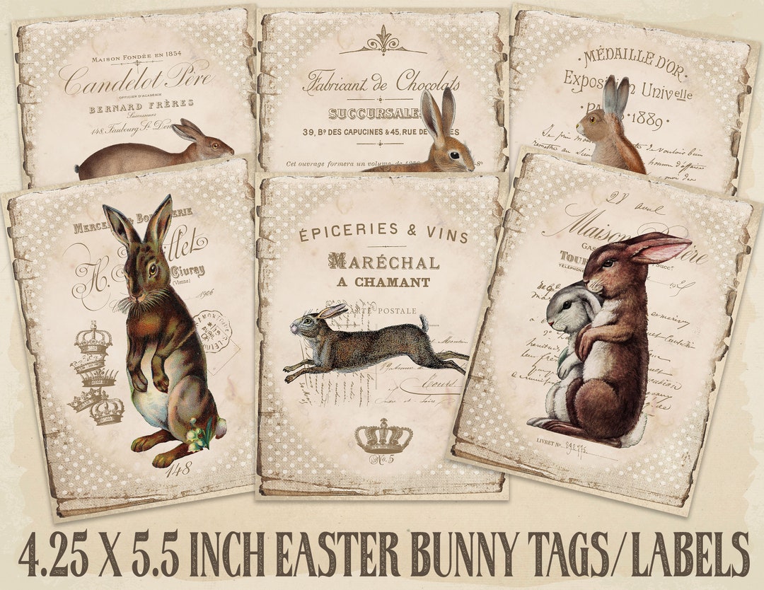 Easter Printable Primitive Digital DIY Hare French Lapin Prints 4.25x5.5 Junk Journal Tags Cards ...