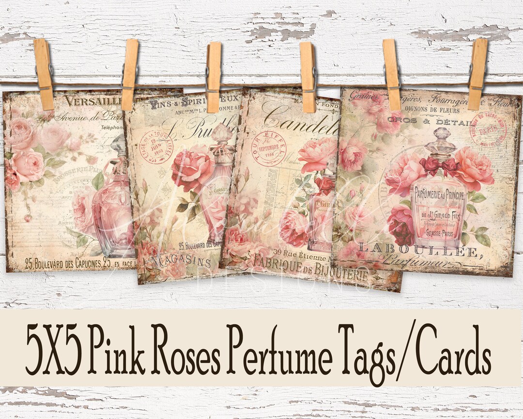 Shabby Chic French Perfume Tags: Pink Roses, Rustic DIY Cards (digital ...