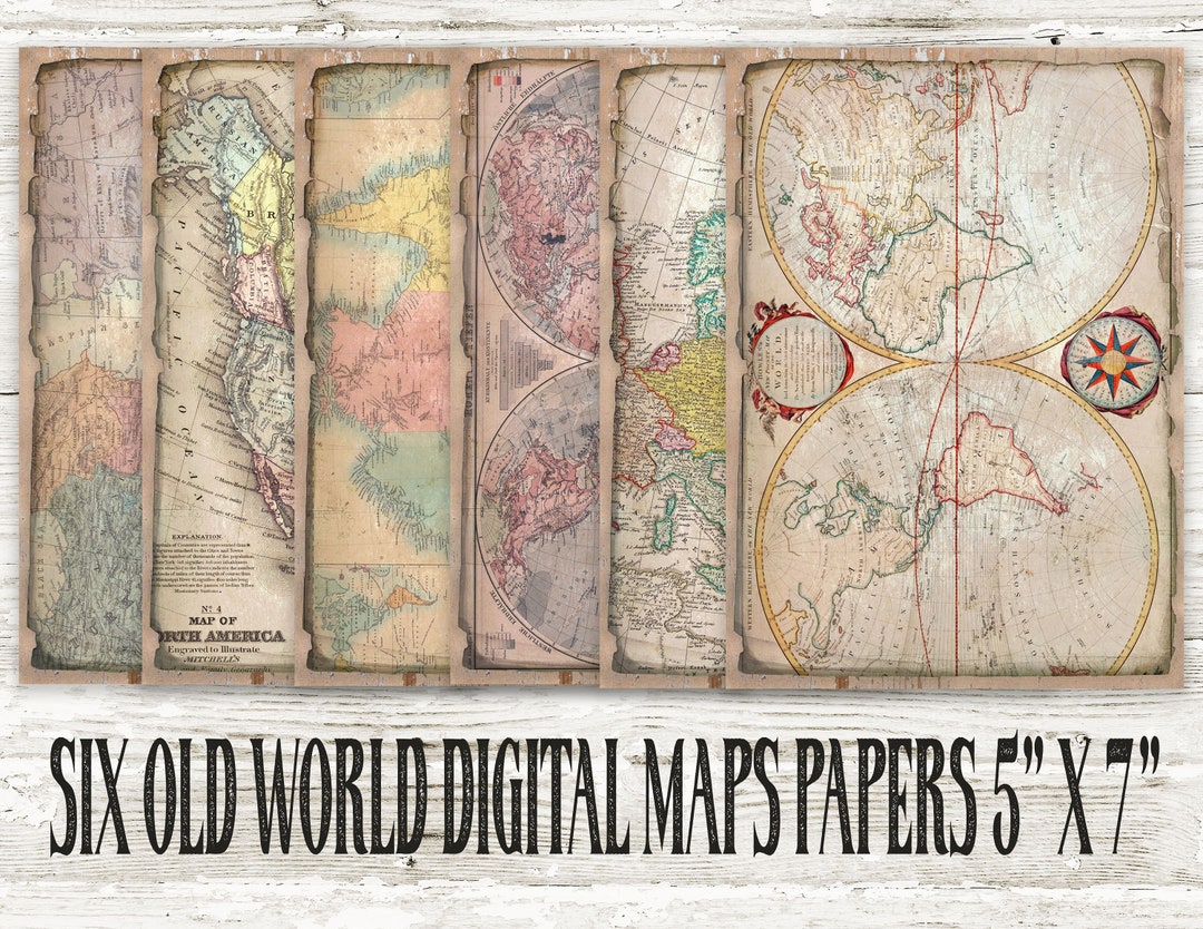 Digital Old World Maps, Six DIY Antique Papers Tags Sheets Instant ...