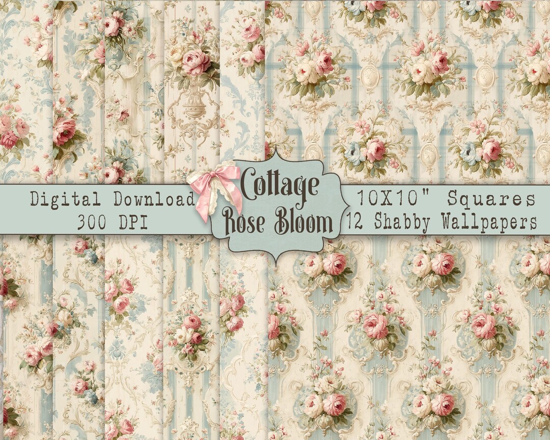 Shabby Chic Floral Digital Paper Pack: Vintage Rose Cottage (10x10" JPG ...