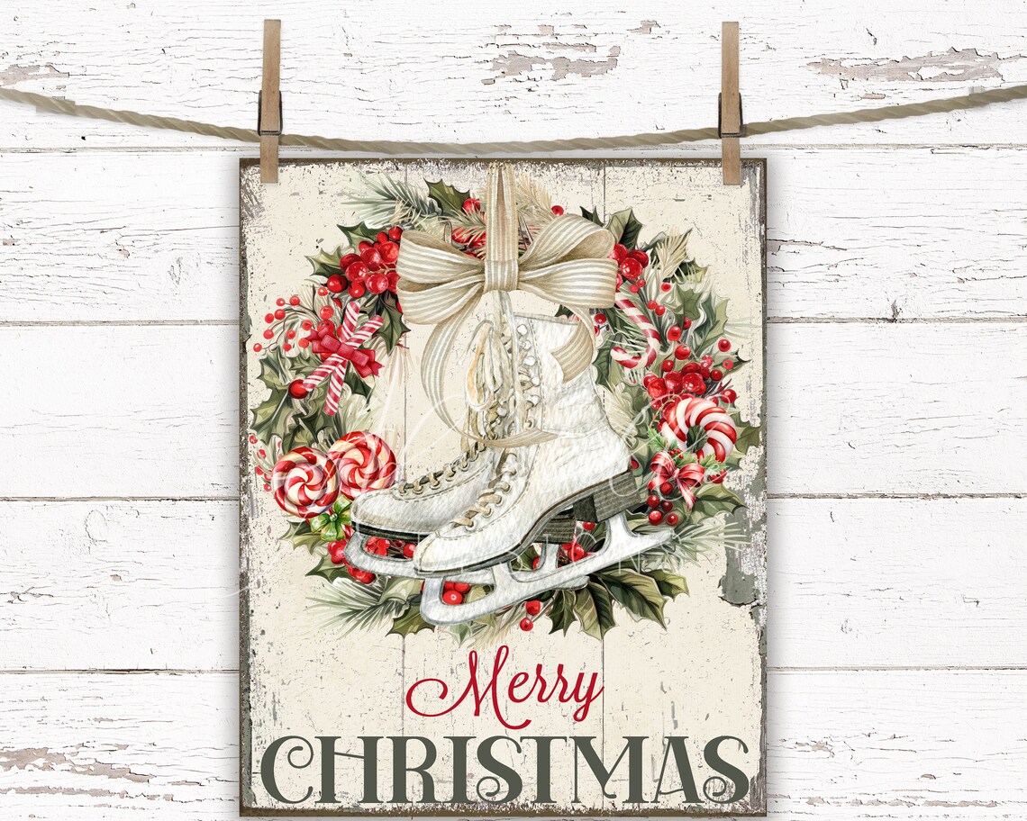 Merry Christmas Ice Skates Wreath: Farmhouse Holiday Sign (digital ...