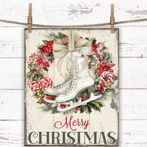 Merry Christmas Ice Skates Wreath: Farmhouse Holiday Sign (digital ...