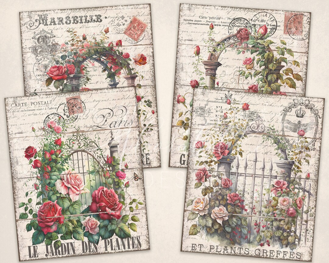 Digital Shabby Chic Romantic Vintage Garden Gates Roses Prints Set, 4X5 ...