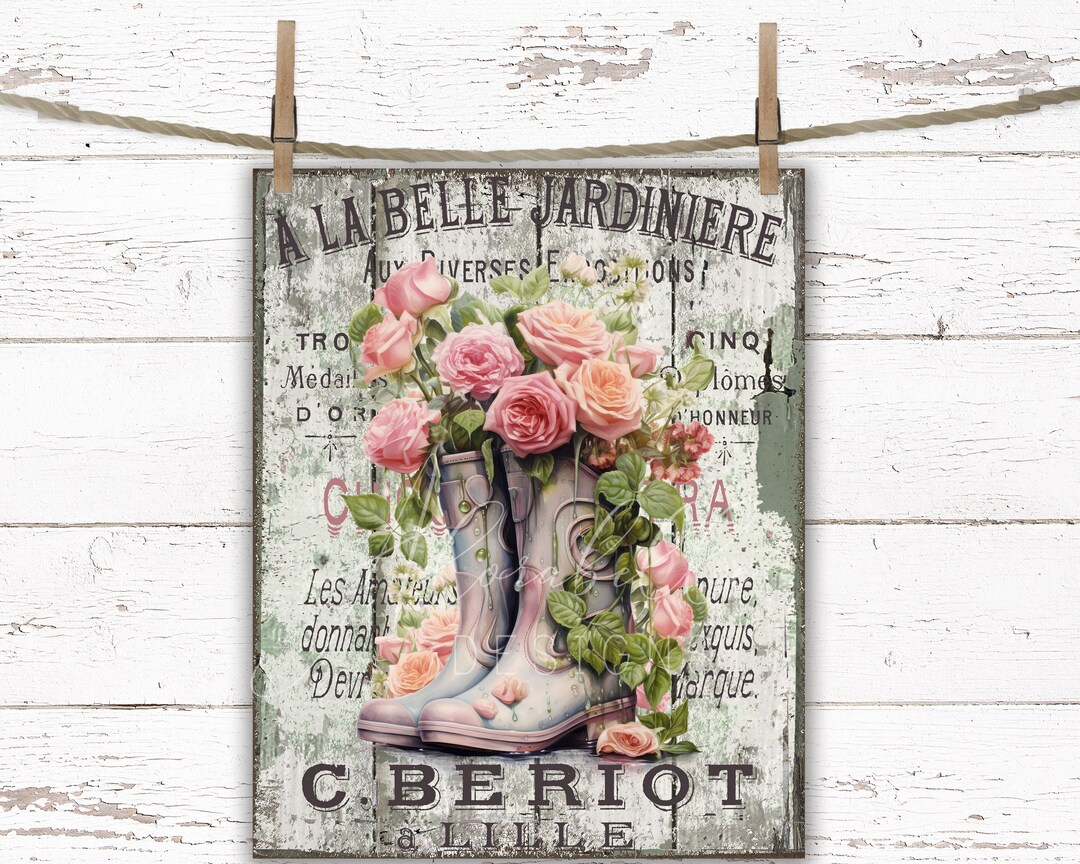Rustic Farmhouse Garden Boots Wellies Digital Print Transfer, Shabby ...