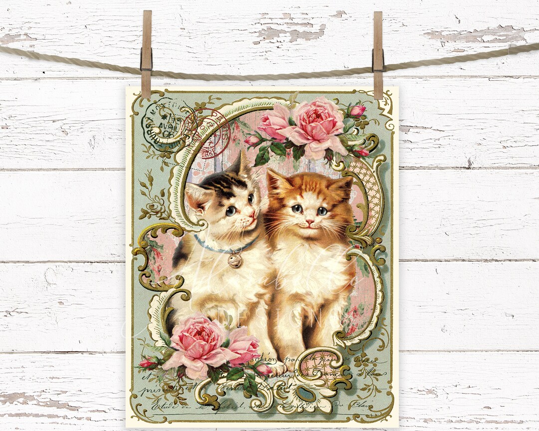 Victorian Cat Shabby Chic Digital Download Transfer, Charming Kittens ...