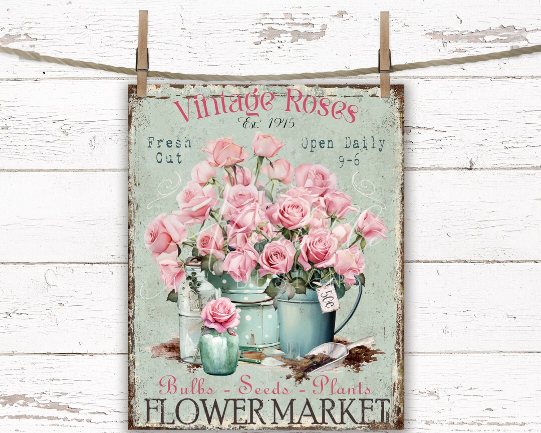 Farmhouse Printable Pink Rose Flower Market Rustic Digital Sign Print ...