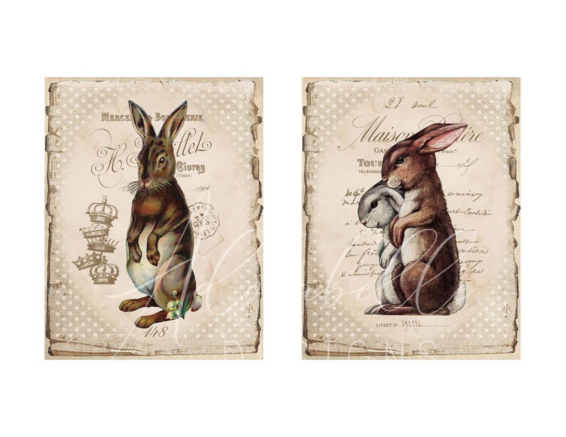 Easter Bunny French Tags: Vintage Primitive Rabbits (digital Download ...