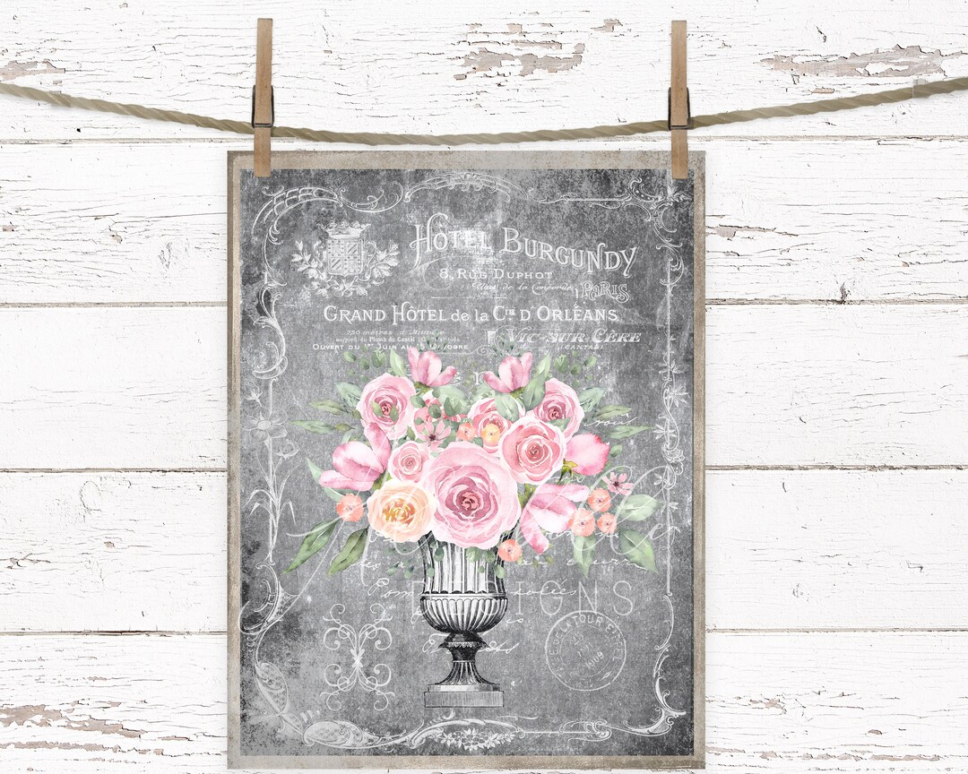 Shabby Chic Printable French Urn Chalkboard Pink Roses Digital Print ...