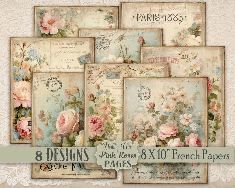 Shabby Chic Pink Roses Digital Paper Pack: French Farmhouse (digital ...