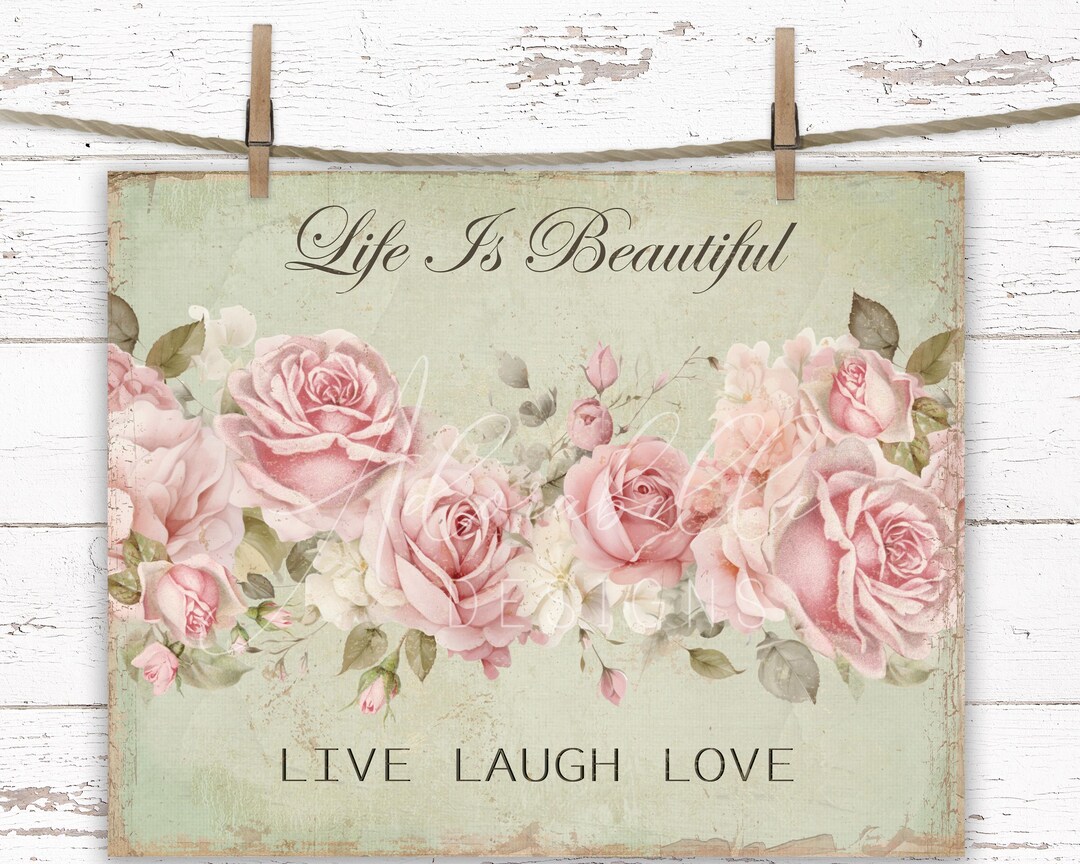 Shabby Chic Pink Roses DIY Digital Wall Art Print Transfer Cottage Core ...