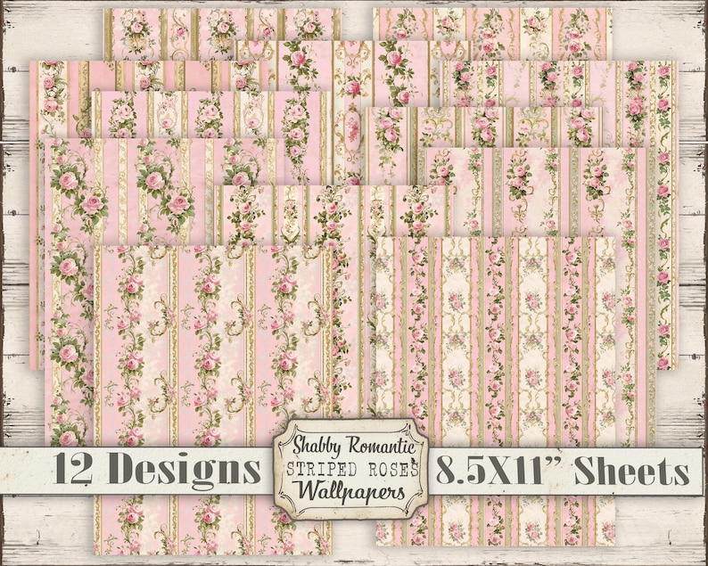 Shabby Chic Pink Rose Digital Paper Pack: Farmhouse DIY Wallpaper (8 ...