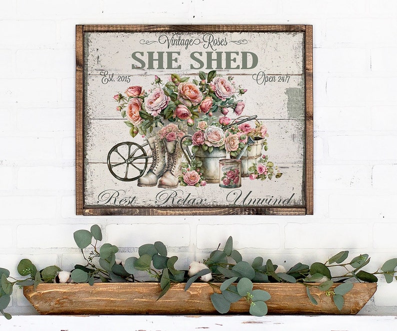 She Shed Sign: Vintage Roses, Farmhouse Garden Decor (digital Download ...
