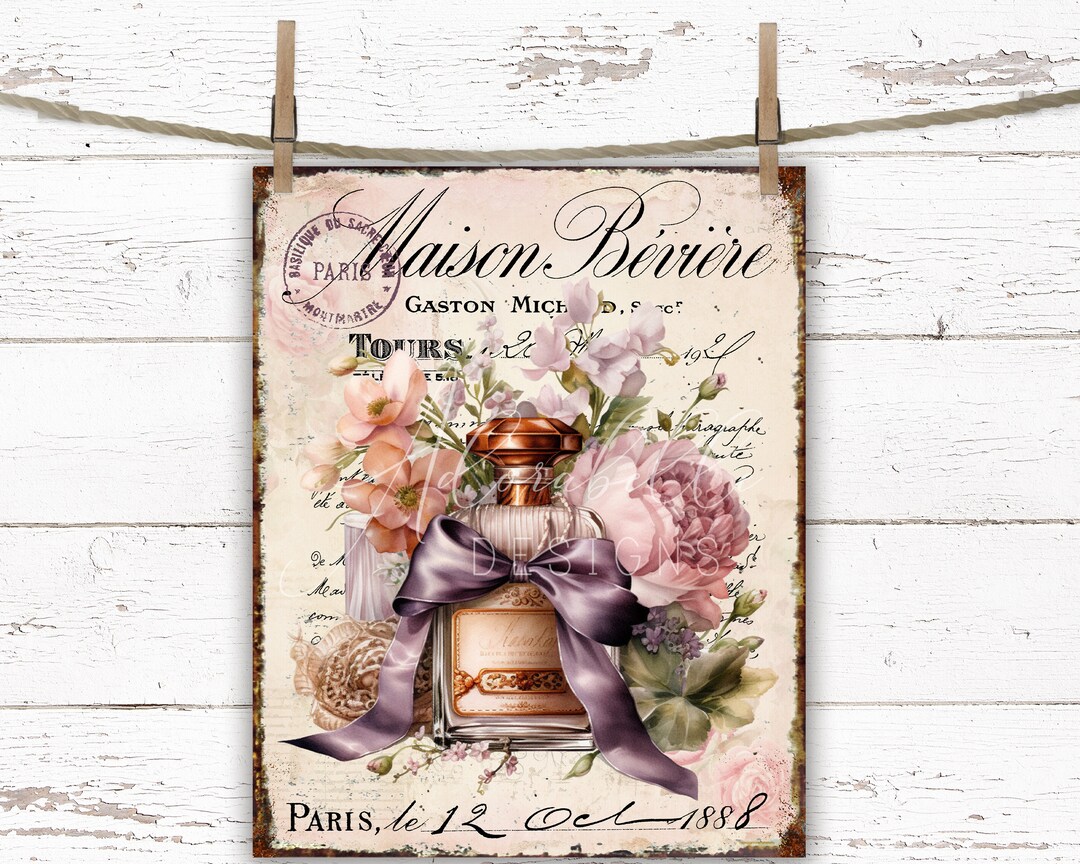 Shabby Chic French Perfume Bottle Print: Roses & Script (digital ...