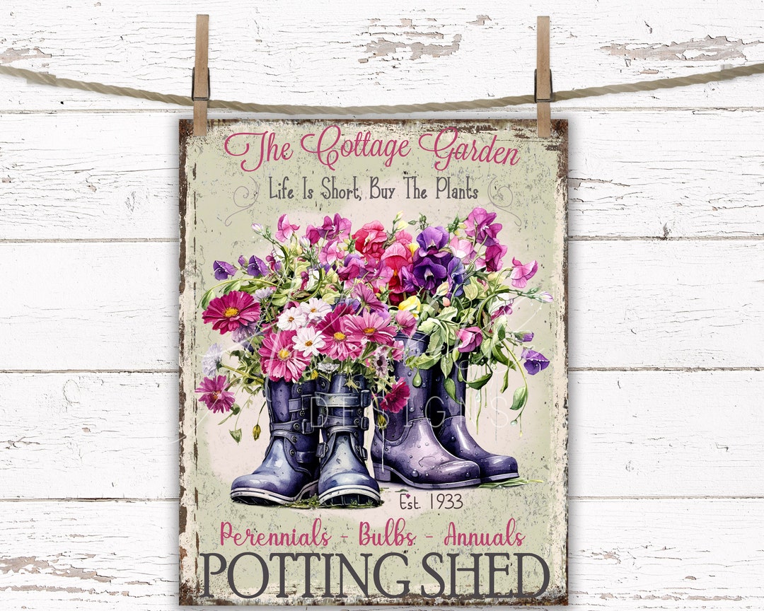 Cottage Garden Potting Shed Sign: Rustic Boots & Flowers (digital ...
