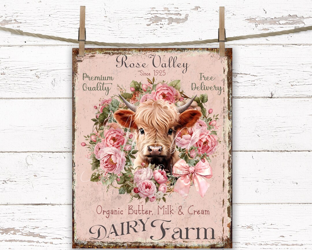 Highland Cow Dairy Farm Sign: Shabby Chic Pink Roses (digital Print) - Etsy