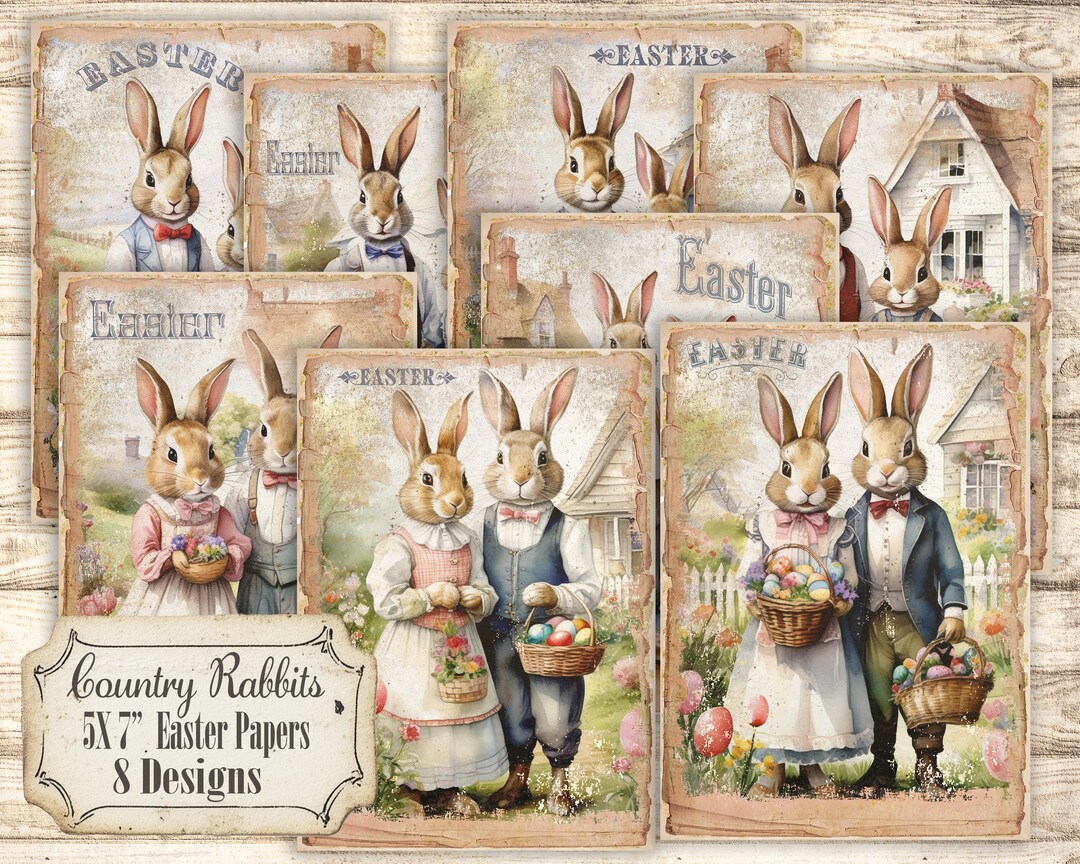 Easter Printable Country French Bunnies Shabby Chic Digital DIY 5x7 ...