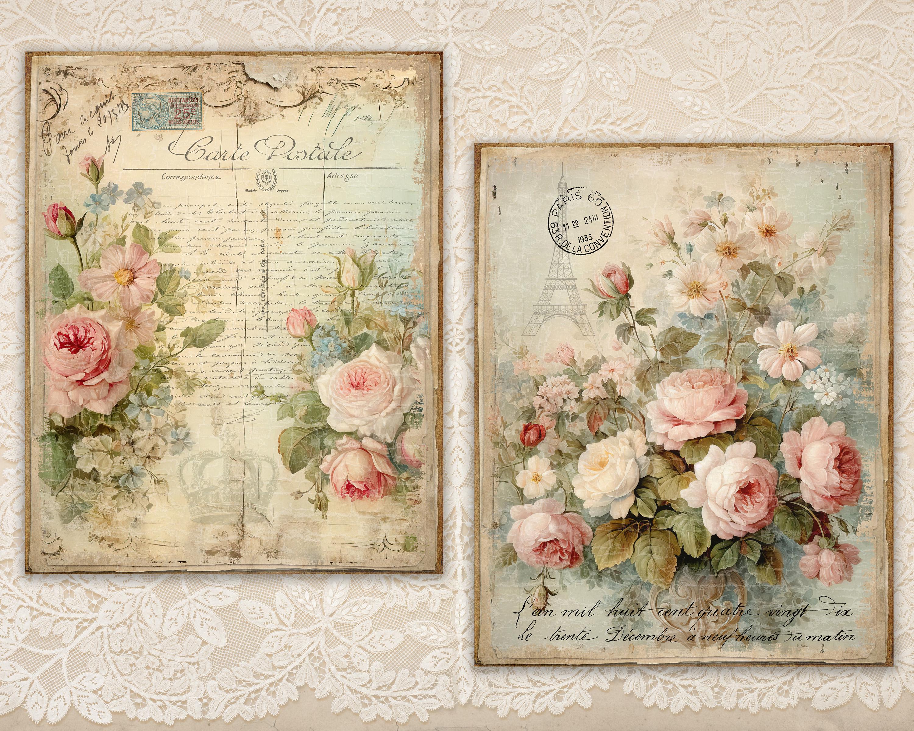 Shabby Chic Pink Roses Digital Paper Pack: French Farmhouse (digital ...