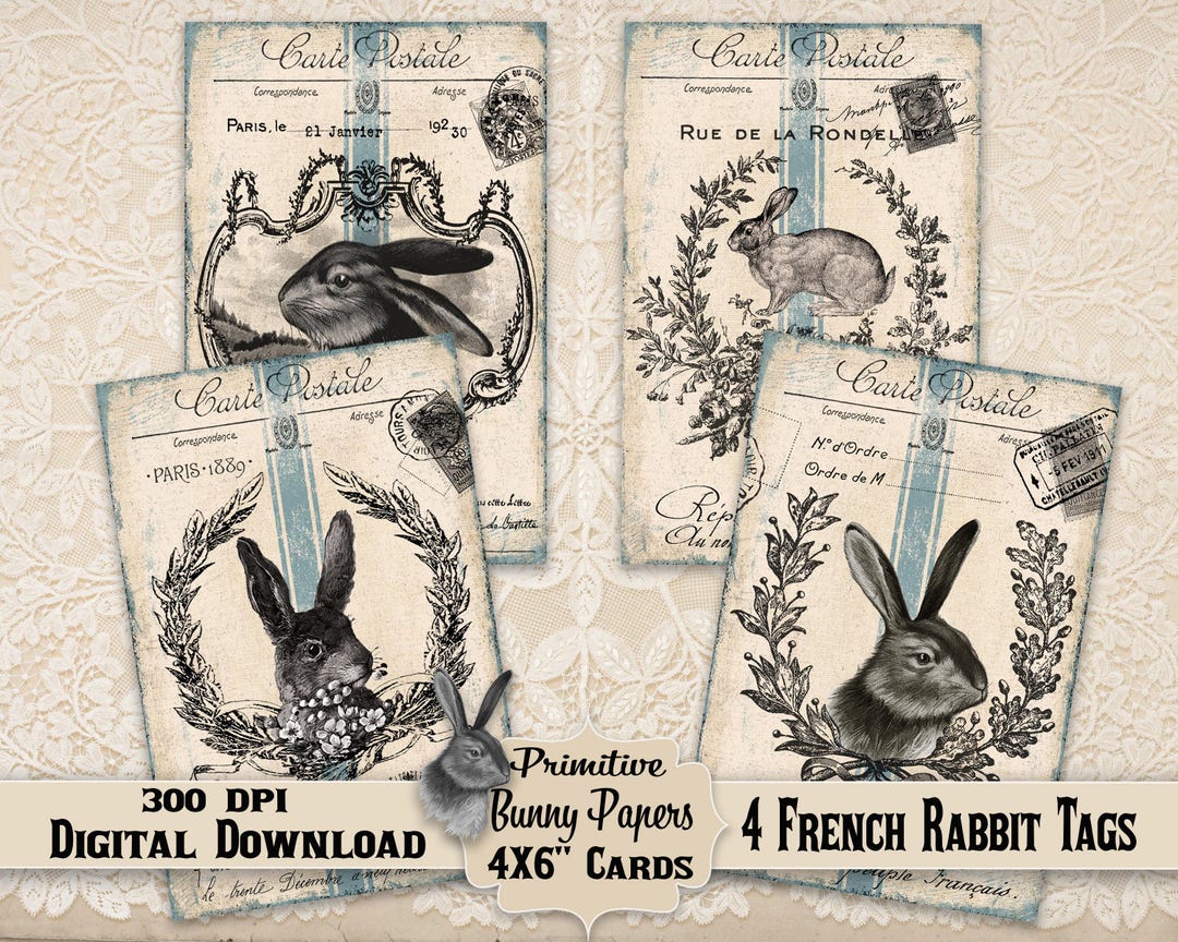 French Farmhouse Easter Bunny Tags: Vintage Primitive Style 4x6 ...
