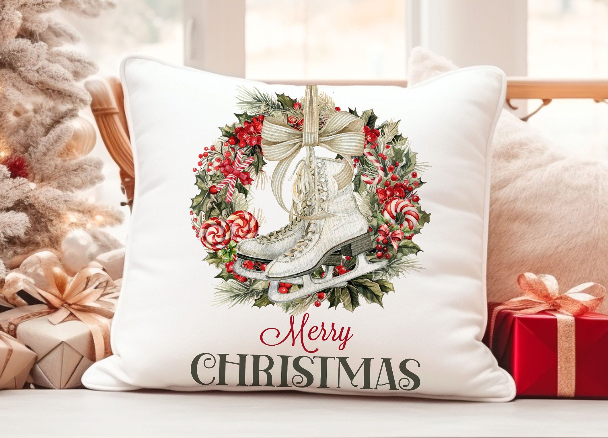 Merry Christmas Ice Skates Wreath: Farmhouse Holiday Sign (digital ...