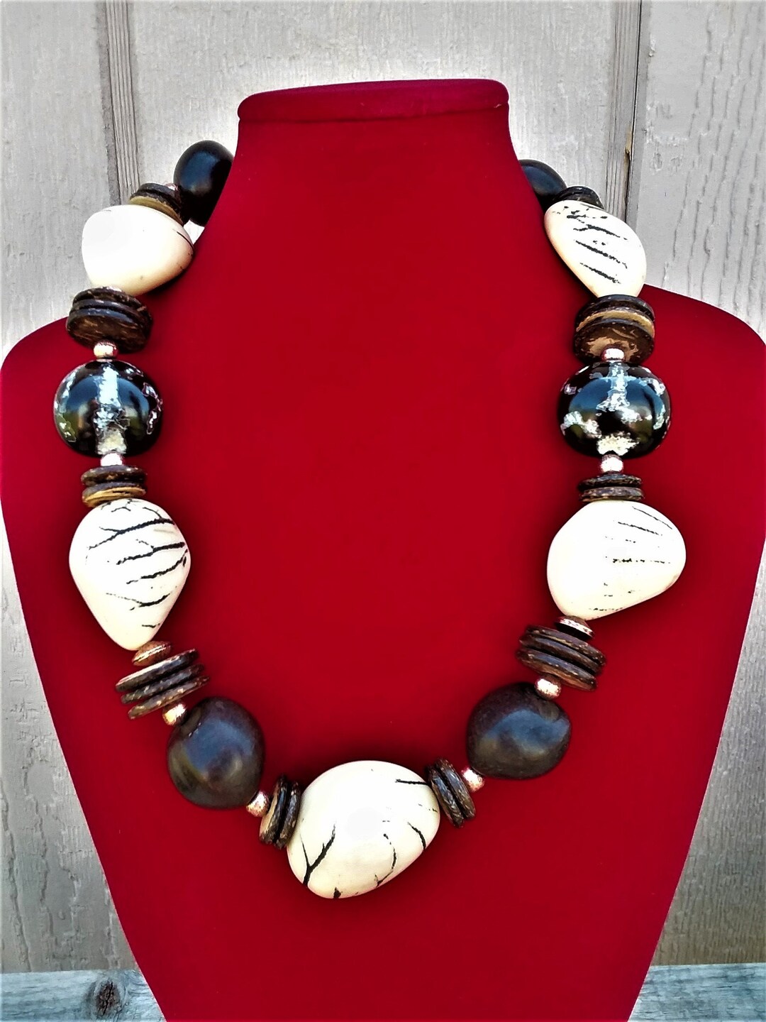 Big, Bold and Beautiful Tagua Bead Necklace/cream/black/brown and ...