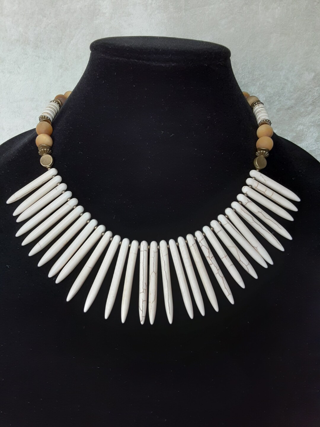 Ivory Spike Howlite, Unpolished Tiger Eye and Brass Necklace/19 Inches ...