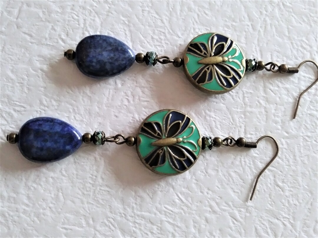 Lapis and Butterfly Pierced Earrings/stone/enamel/crystals/blue ...