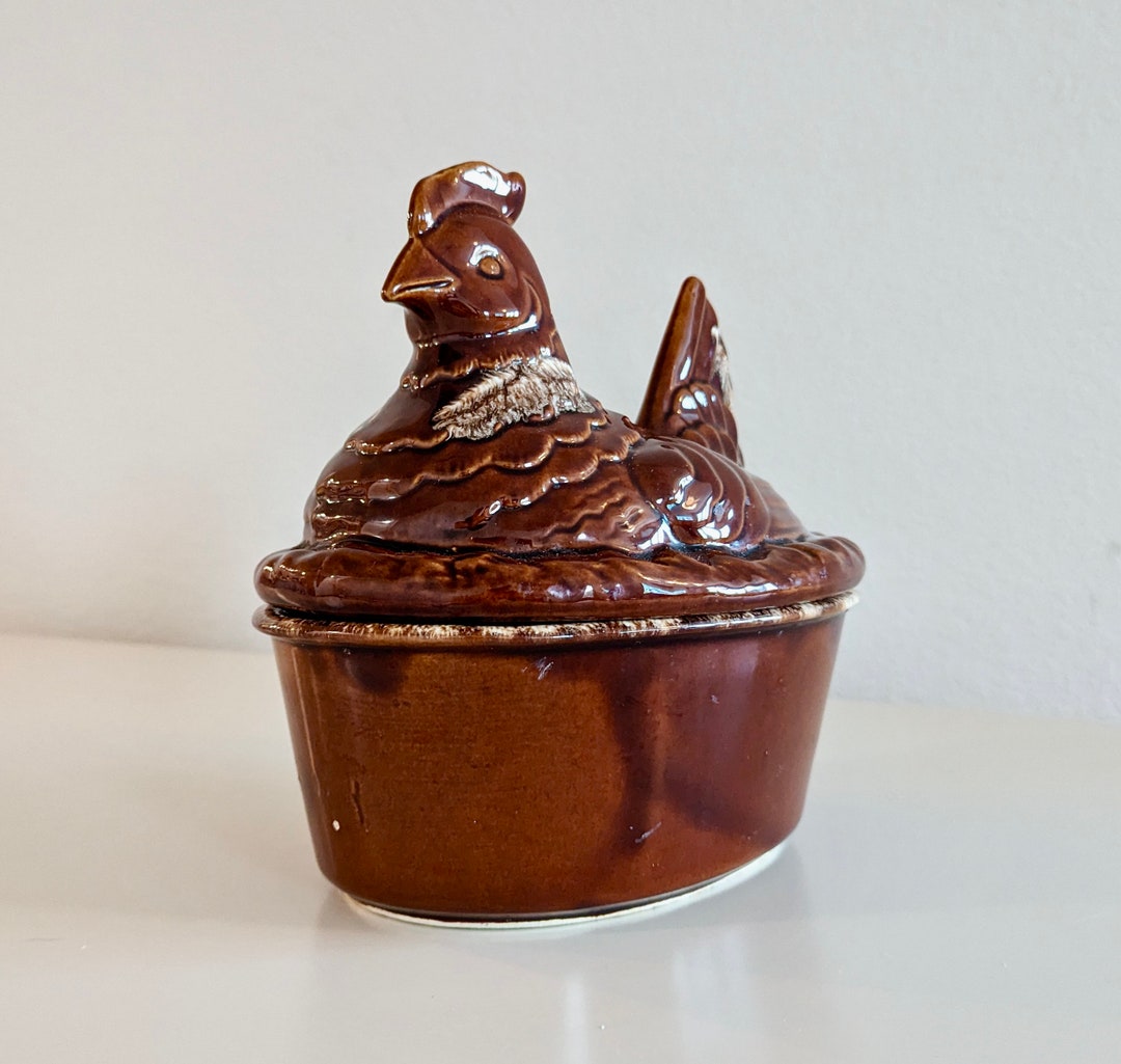 1960s Hull Pottery Hen Crock, Drip Glaze Cocotte, Hen on Nest, Drip ...