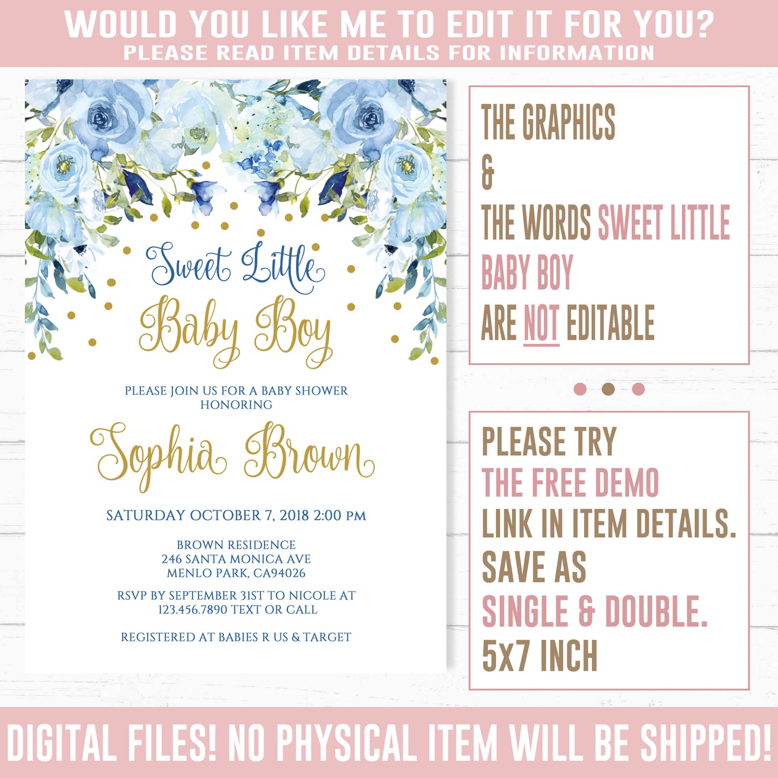 EDITABLE Baby Boy Shower Invitation Corjl Template Dusty | Etsy