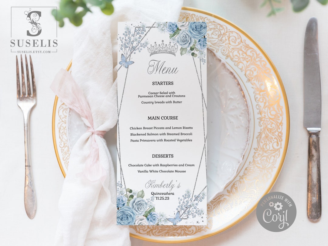 EDITABLE Menu Template, Quinceanera Sweet 16, Baby Blue Flowers, Silver ...
