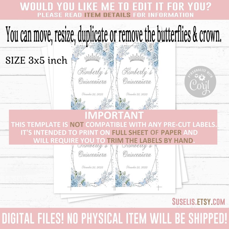 EDITABLE Wine Bottle Label Template, Quinceañera Baby Blue, Butterfly ...