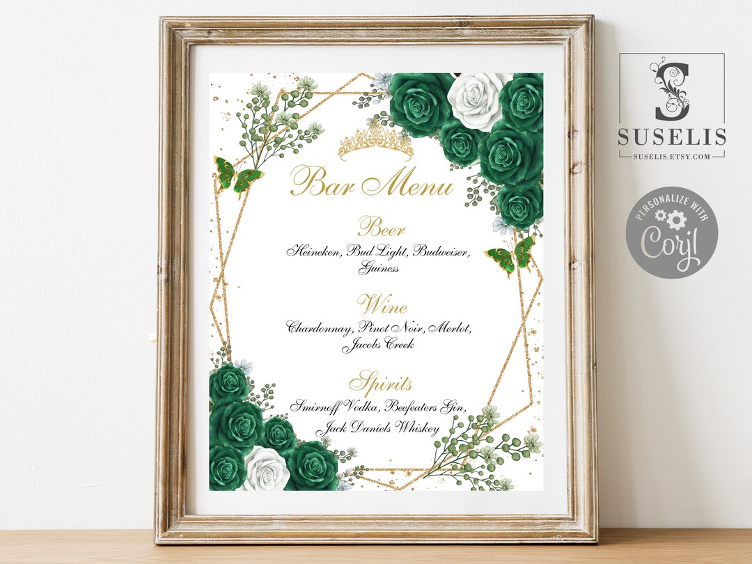 EDITABLE Bar Menu Sign Template, Drinks, Emerald Green Flowers ...