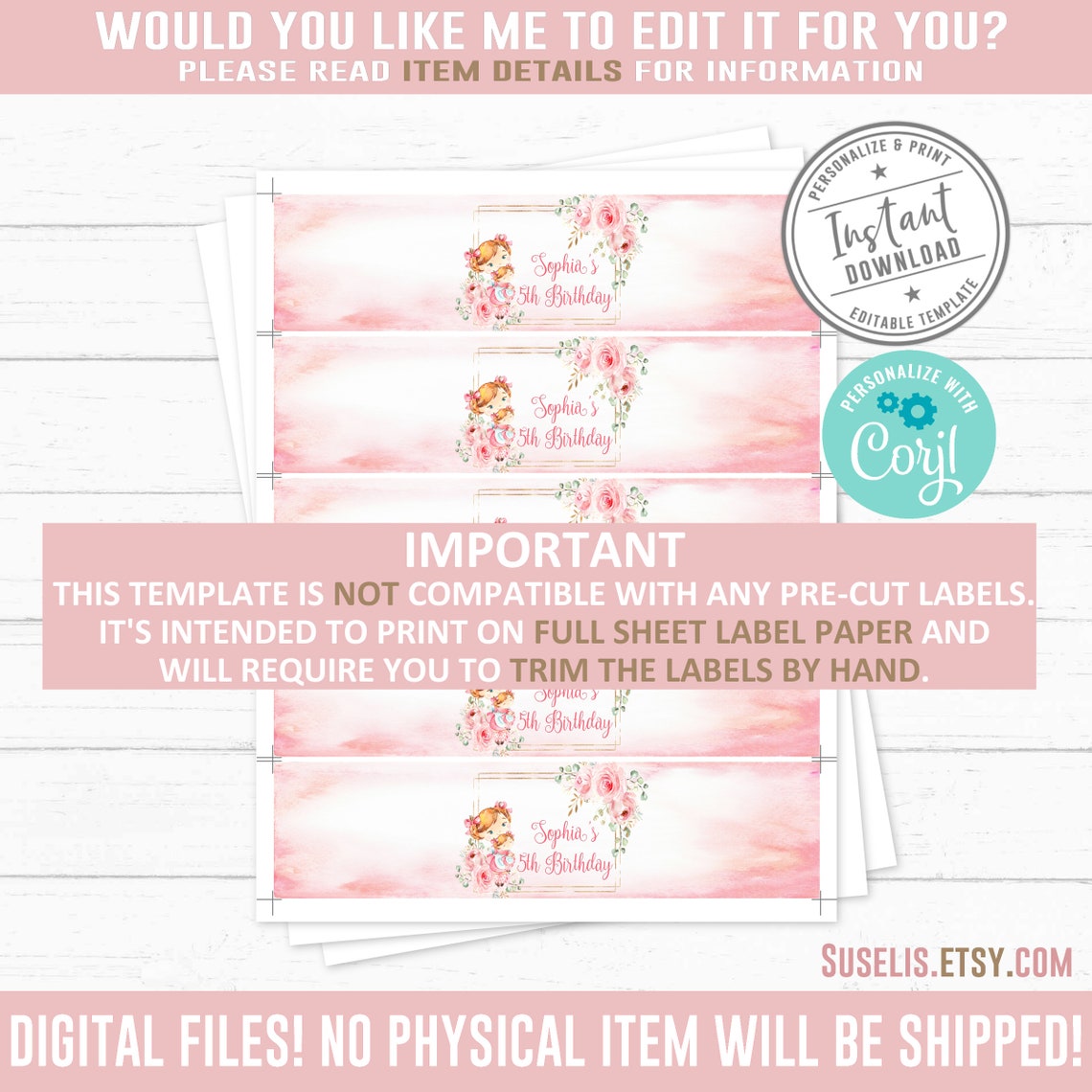 EDITABLE Doll Party Water Bottle Labels, Corjl Template, Birthday ...