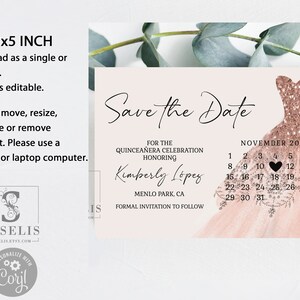 Editable Quinceañera Save the Date Calendar Card Template, Blush Pink ...