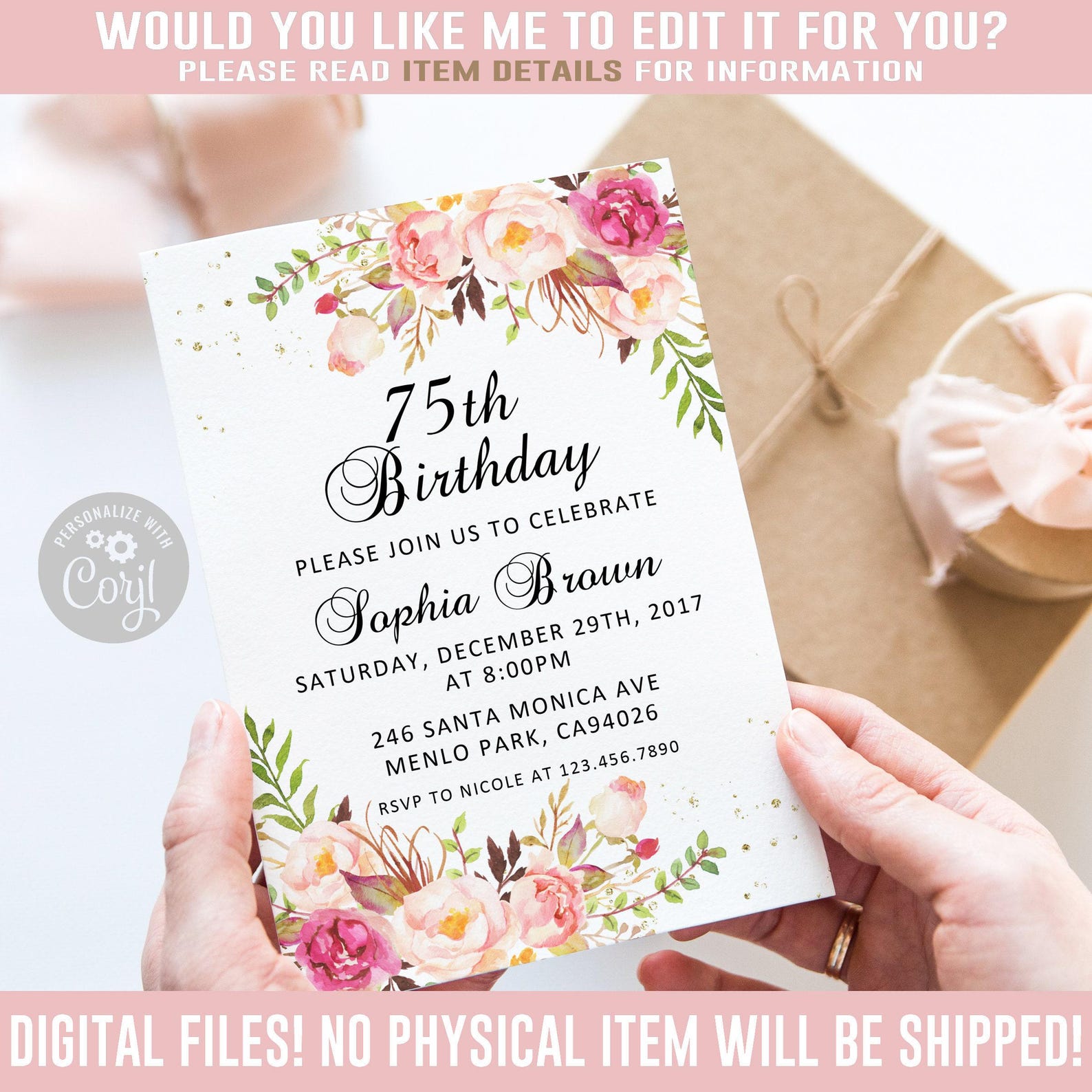 Editable Any Year Birthday Invitation, Corjl Template, Blush Floral ...