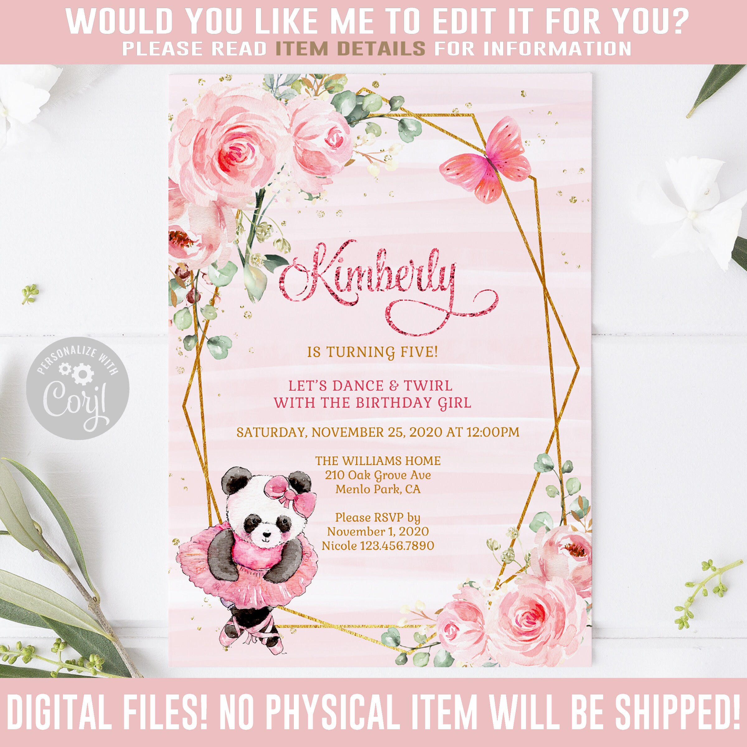 EDITABLE Panda Ballerina Birthday Invitation, Corjl Template, Blush ...