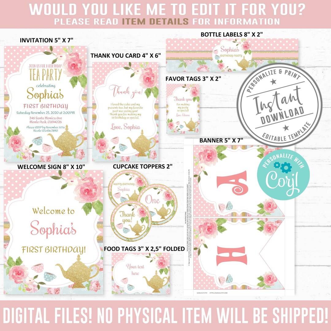 Editable Tea Party Birthday Party Package, Corjl Template, Tea for Two ...