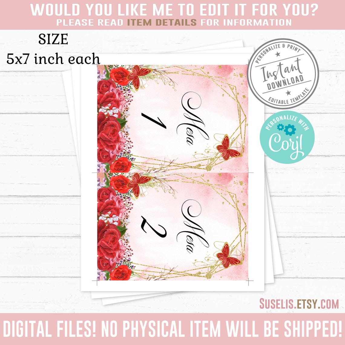 EDITABLE Table Numbers, Quinceanera, Red Gold Flowers, Butterfly, Mis ...